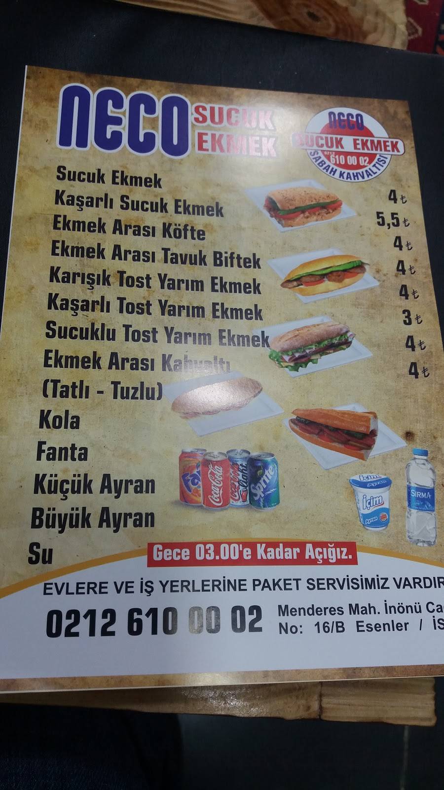 Carta de NECO SUCUK EKMEK ==NECO CAFE, Estambul, İnönü Cd. no 16a