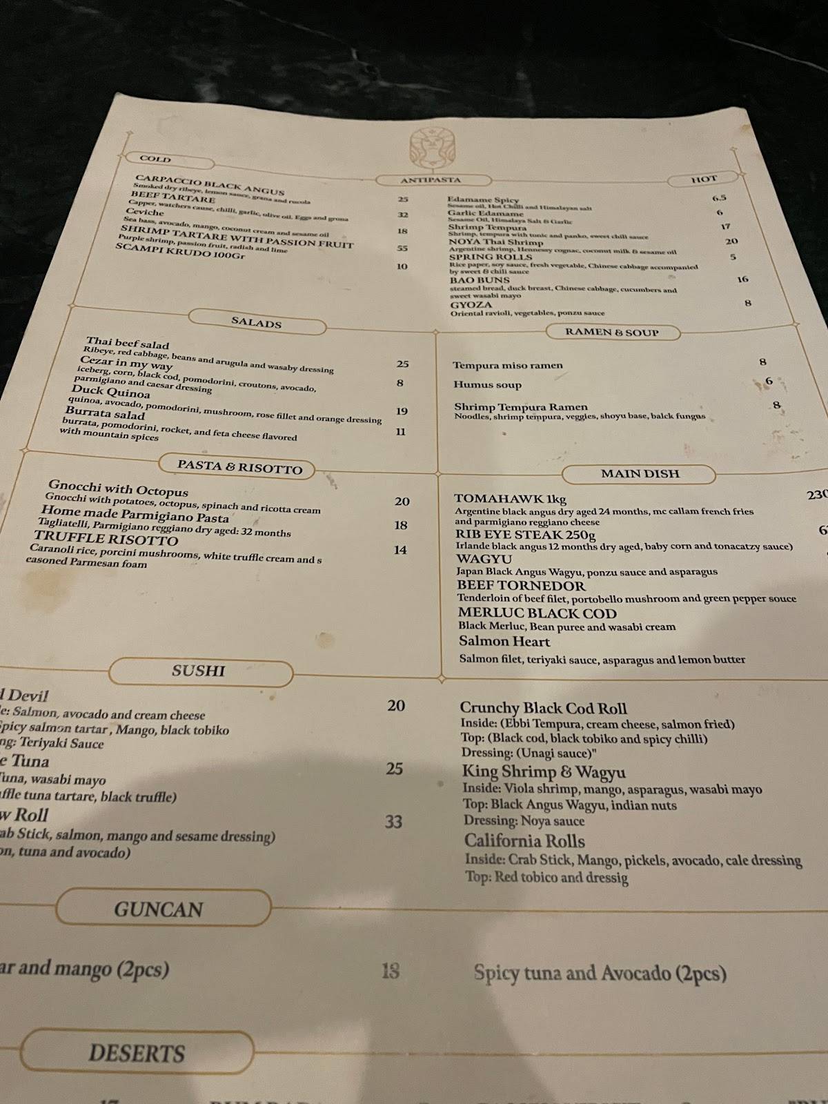 Speisekarte von NOYA Prishtina restaurant, Priština