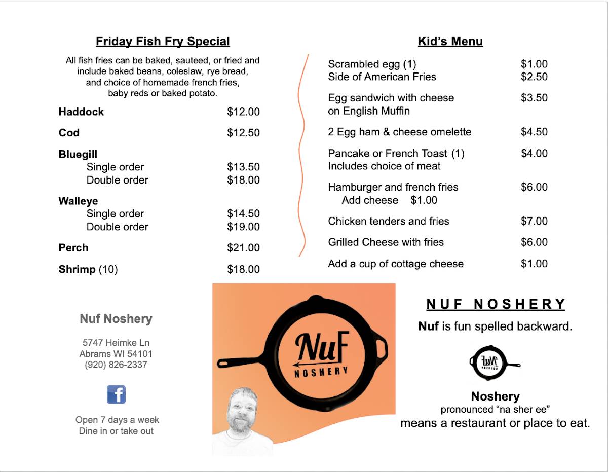 Menu at NUf Noshery restaurant, Abrams