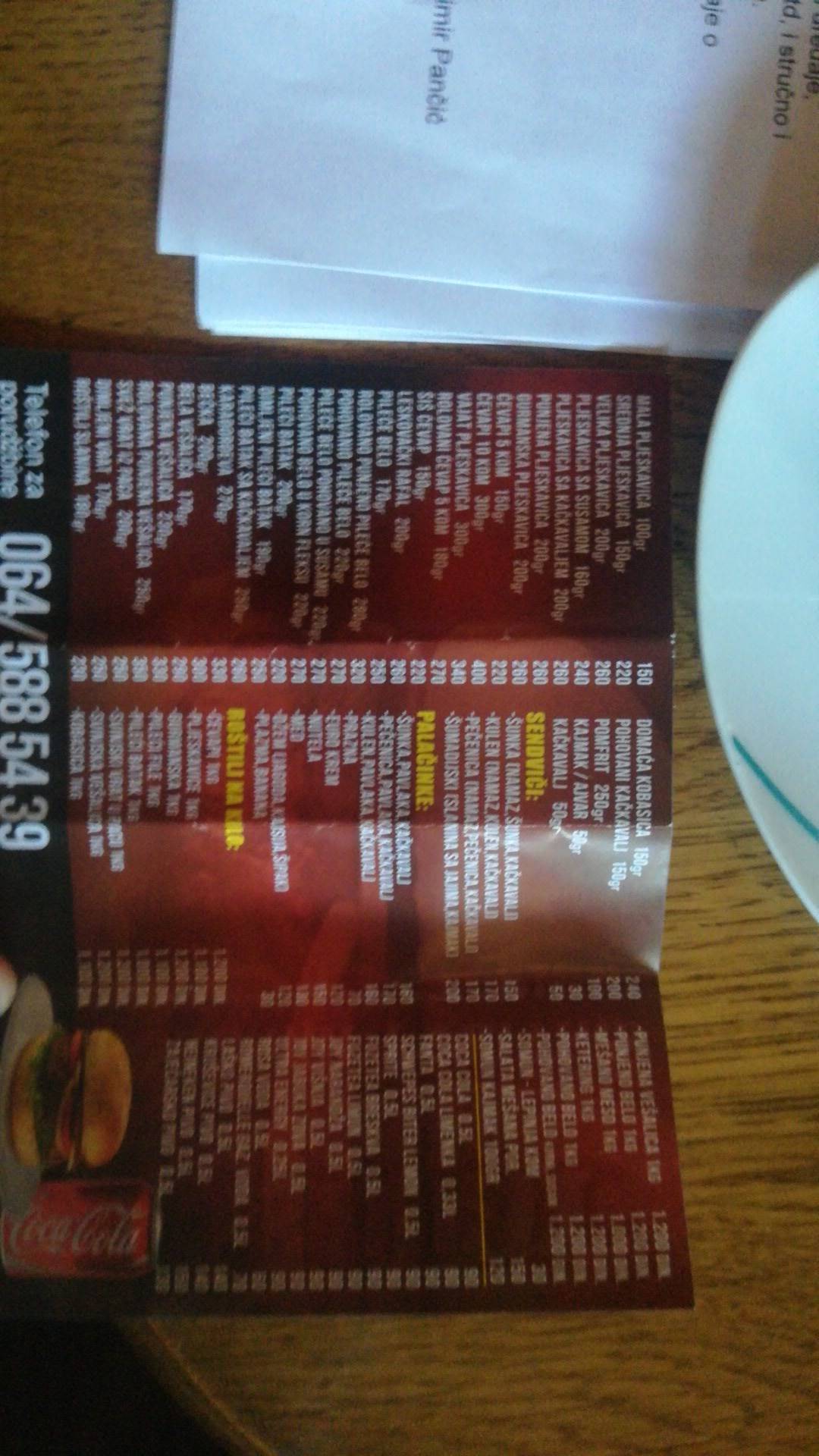 Menu at Naš Vajat Batajnica restaurant, Belgrade, Majora Zorana ...