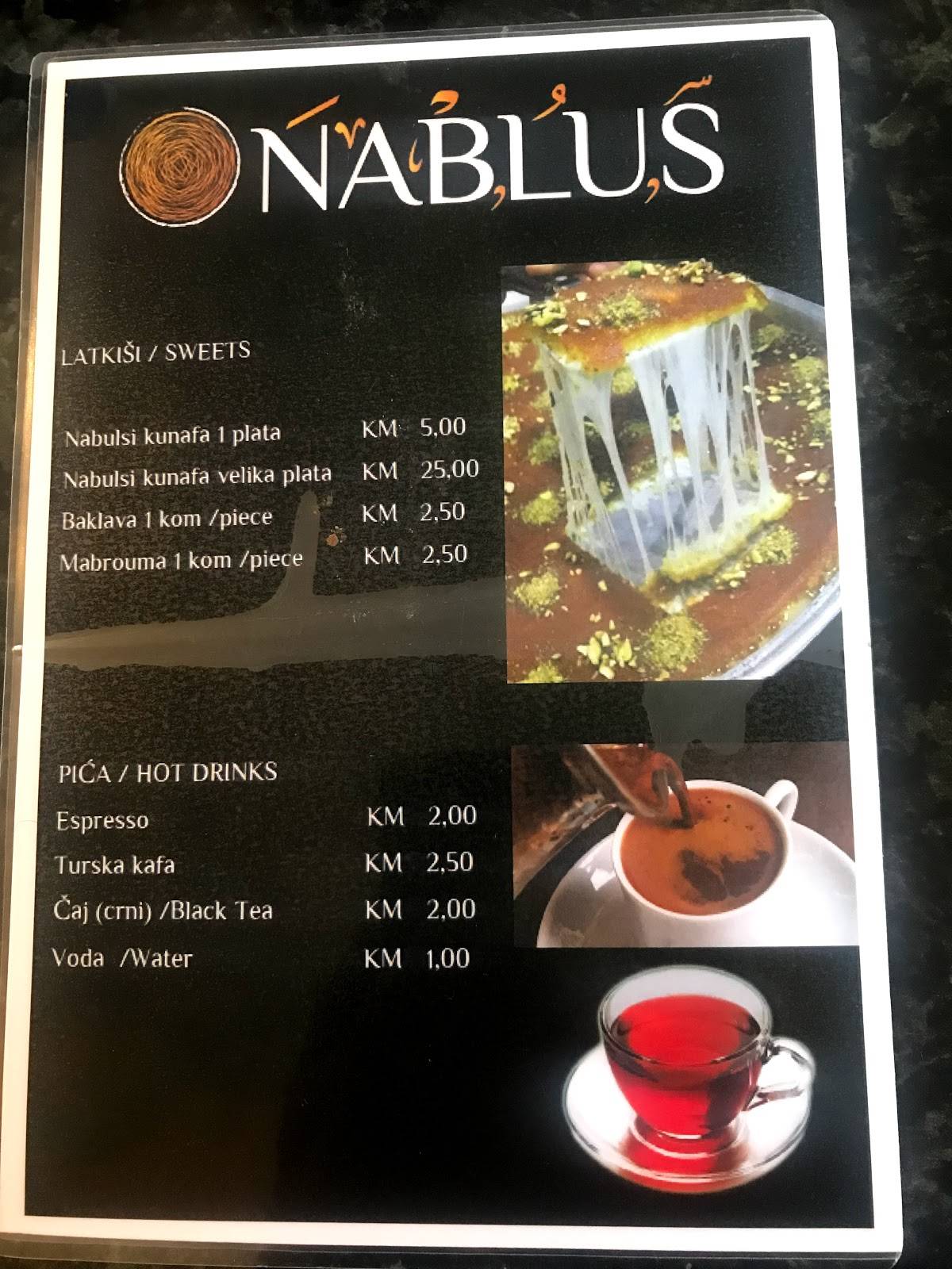 Menu au Nablus Kunafa desserts, Bosnie-Herzégovine, Ćurčiluk veliki 41
