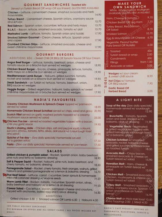 Menu at Nadia’s Cafe Blacktown, Blacktown