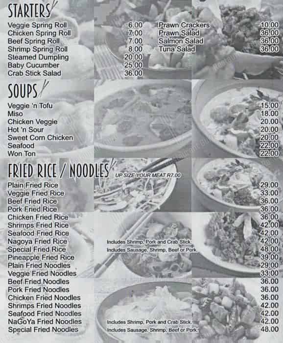Menu at Nagoya Restaurant, Bloemfontein