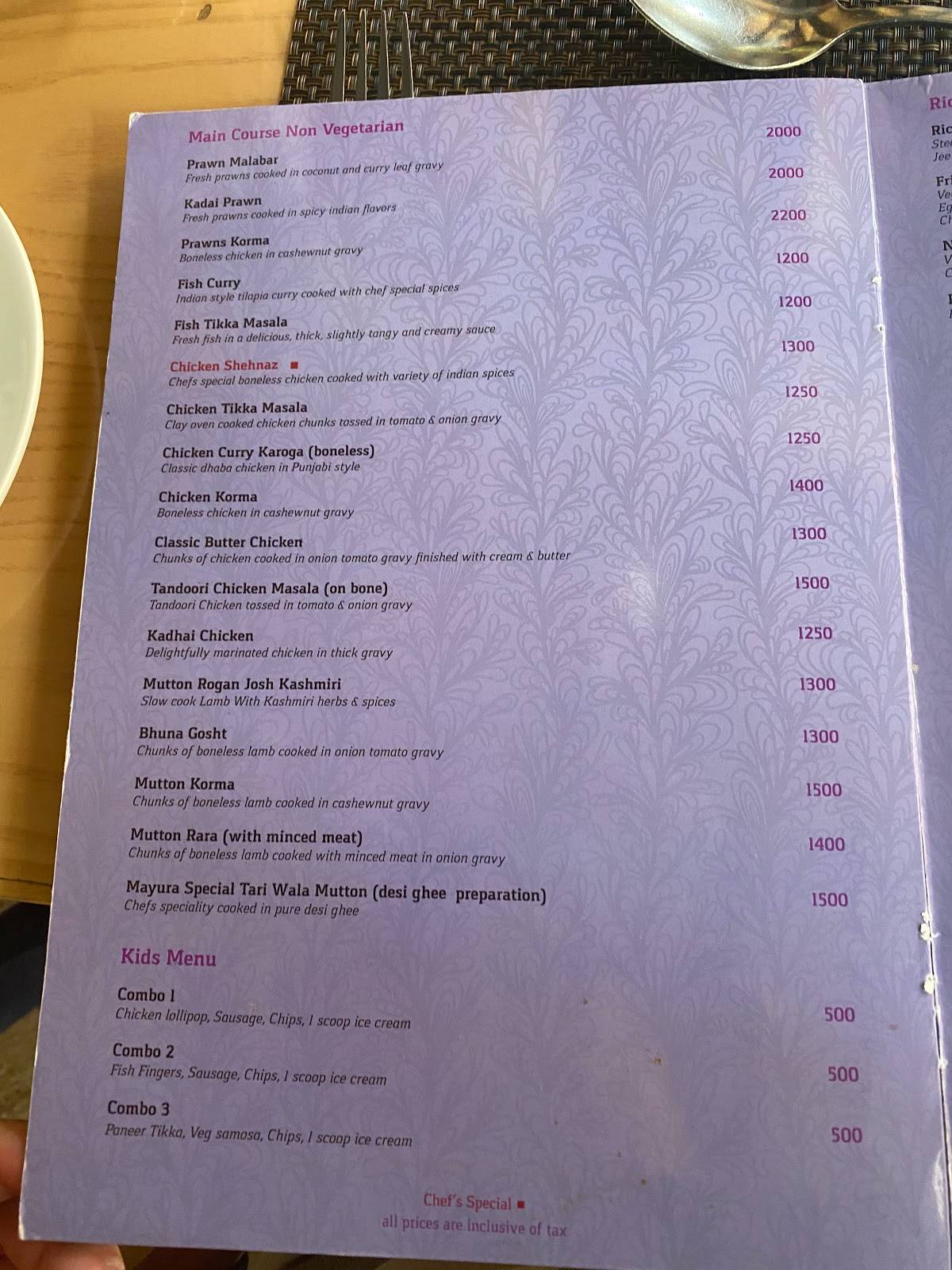 Menu at The Mayura, Karen restaurant, Nairobi, the hub