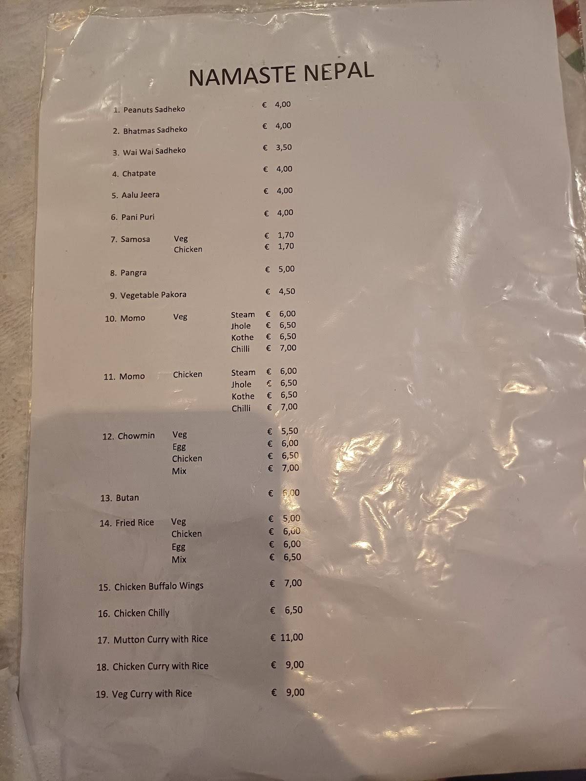 Menu em Namaste Nepal restaurante, Setúbal
