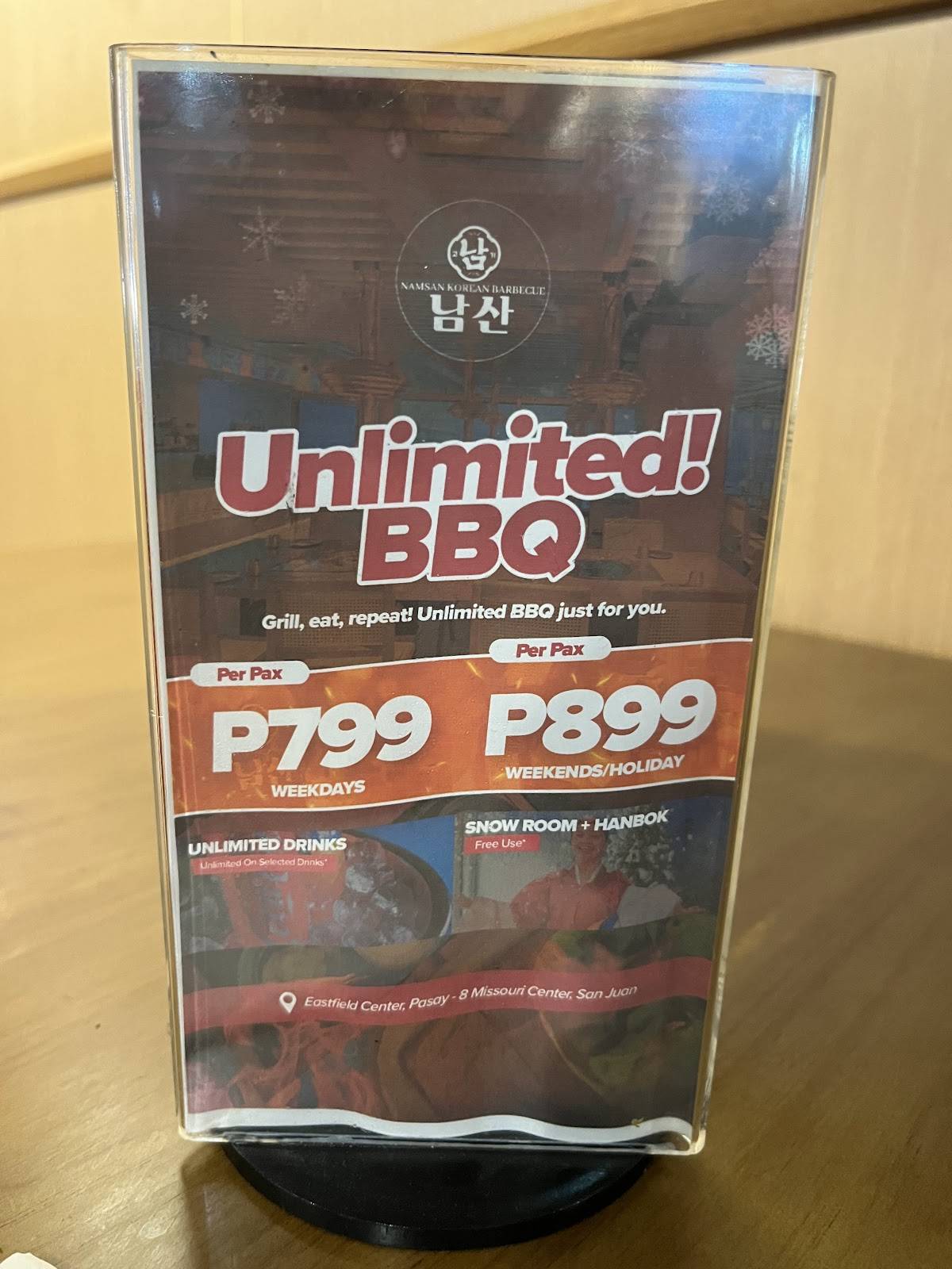 Menu at Namsan Korean Barbeque, Pasay