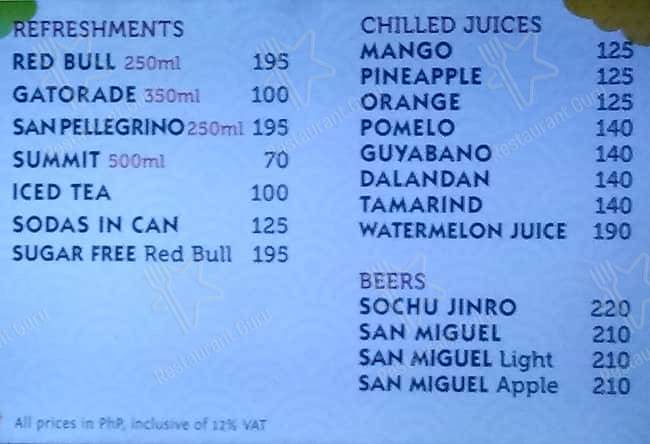 Menu at Namsan restaurant, Parañaque