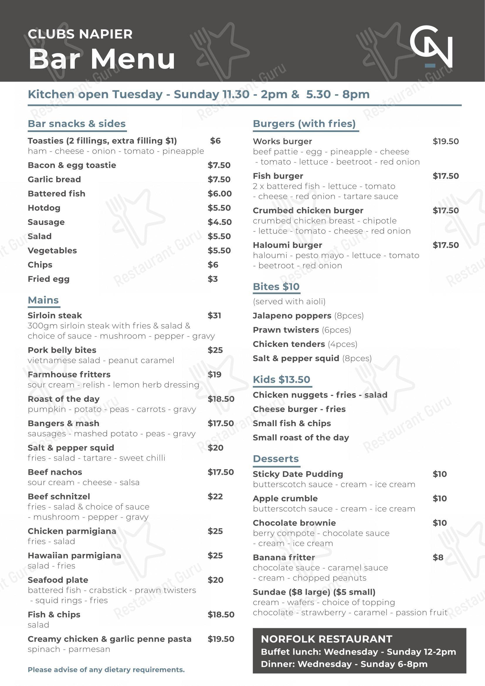 Menu at Napier RSA pub & bar, Napier, 34 Vautier St