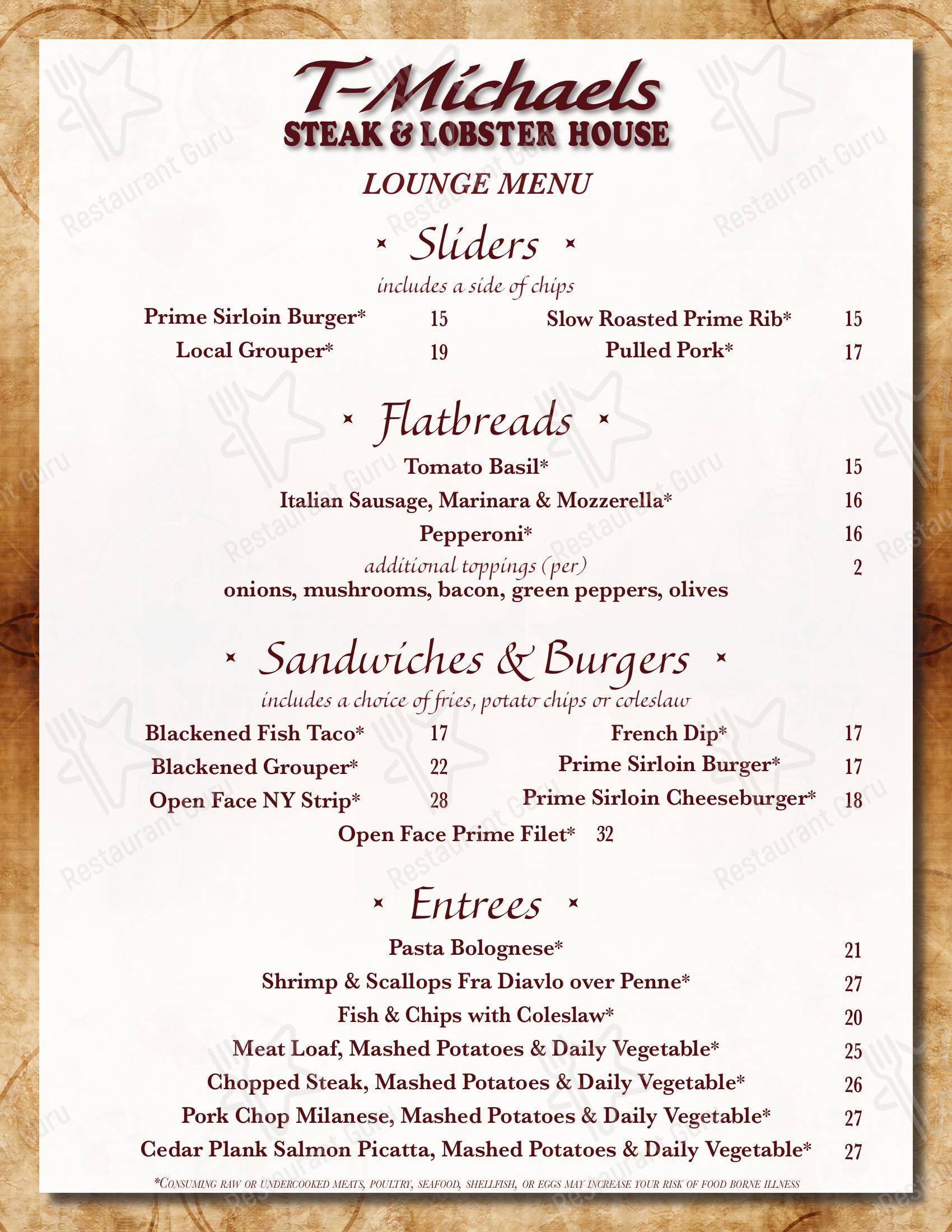 Menu at T-Michaels Steak & Lobster pub & bar, Naples