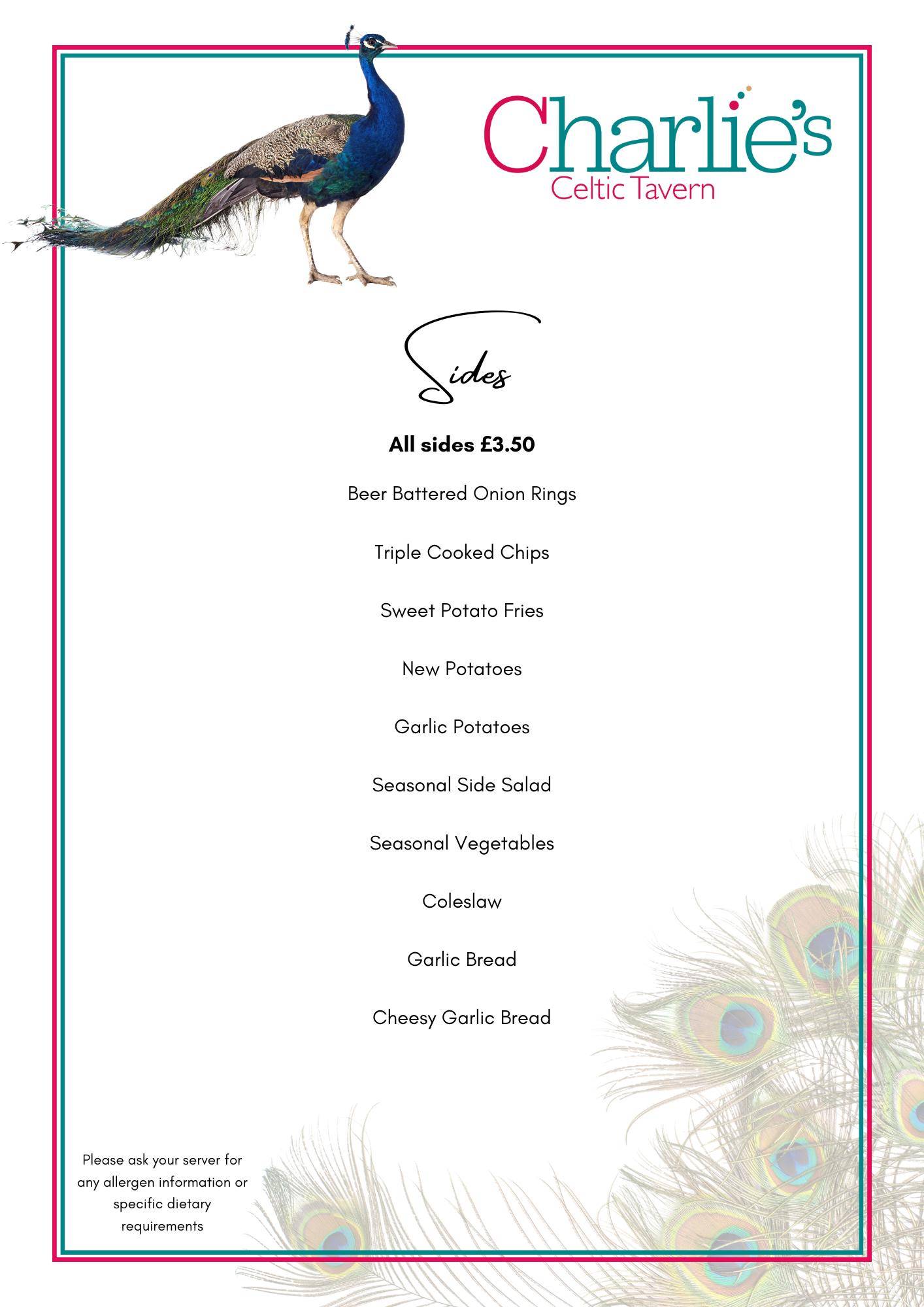 Menu at Charlie's Celtic Tavern restaurant, Narberth