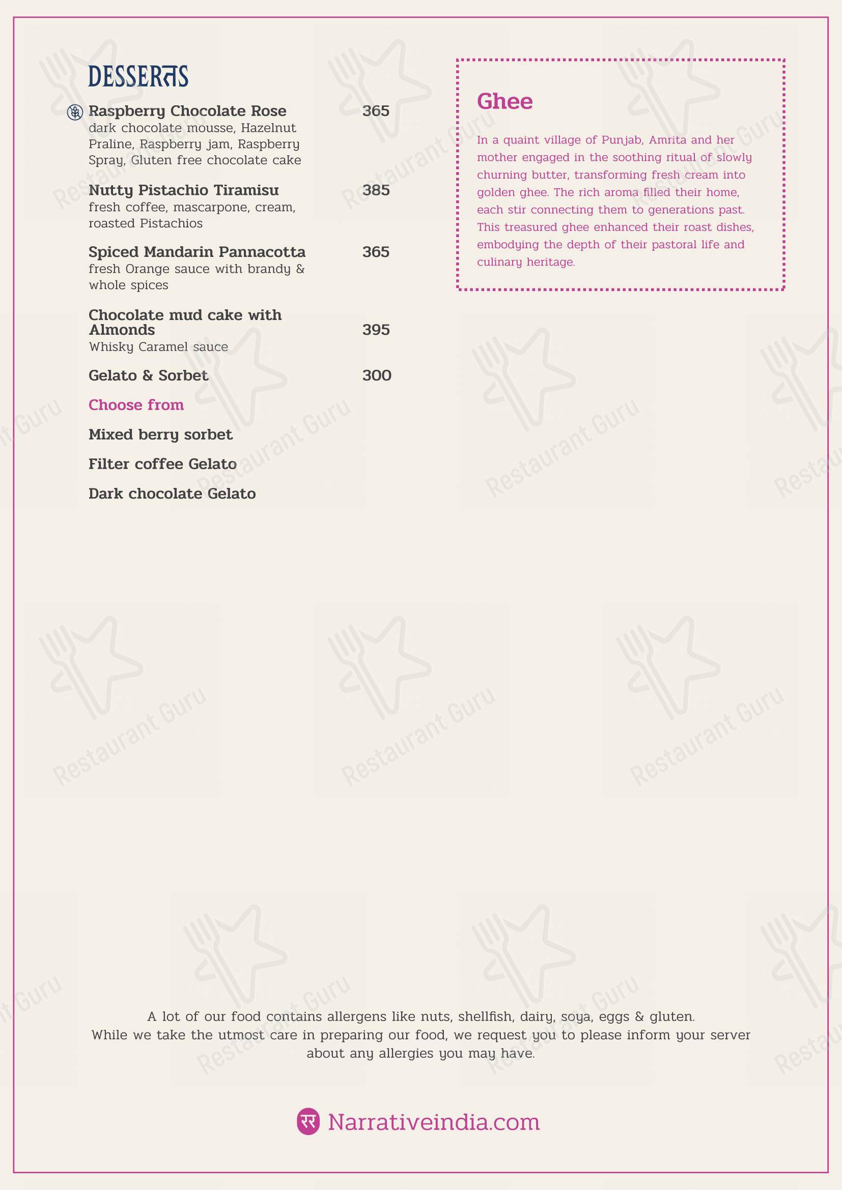 Menu at Narrative, Pune