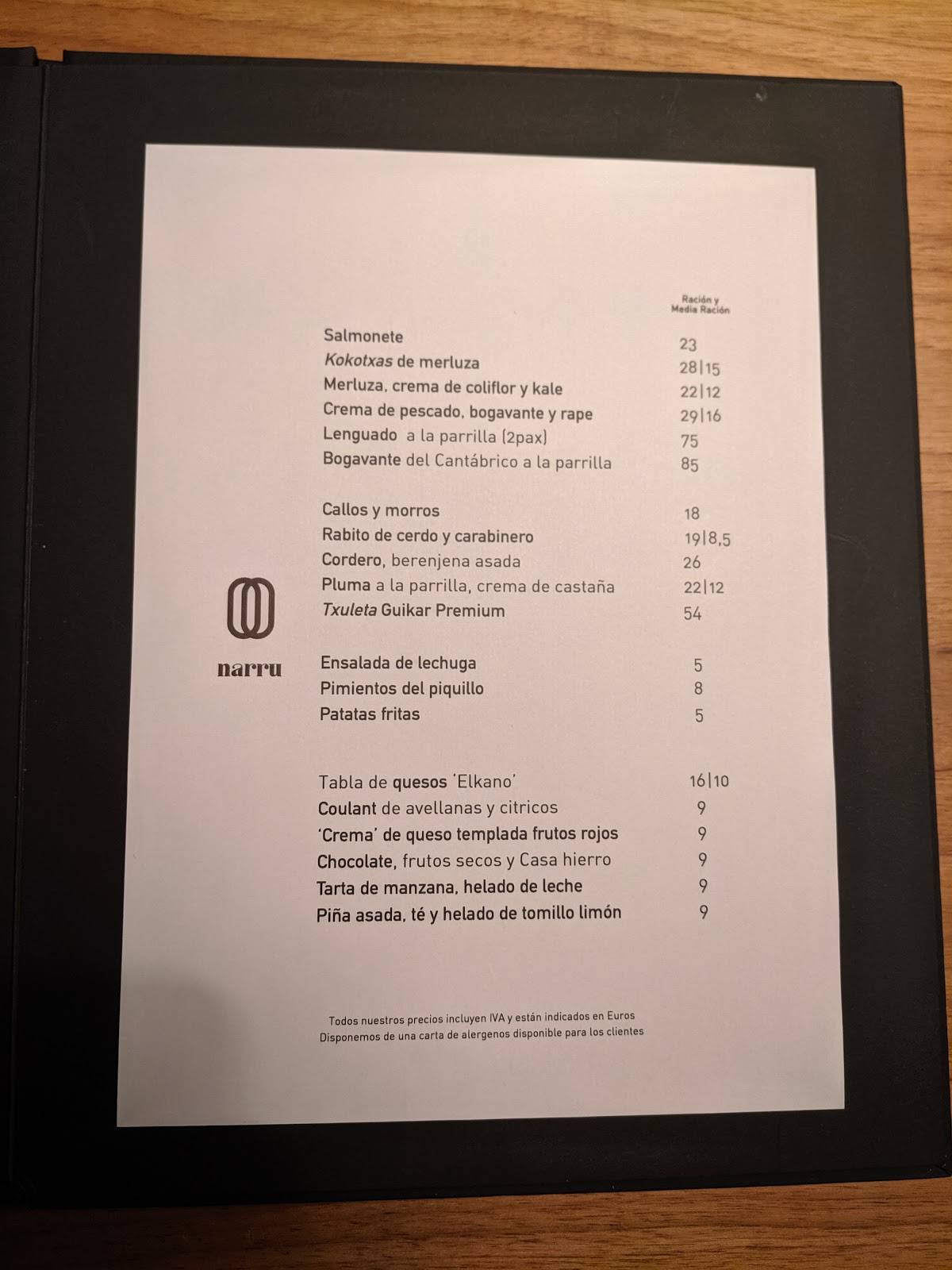 Carta de Restaurante Narru, San Sebastián, Calle San Martín 22