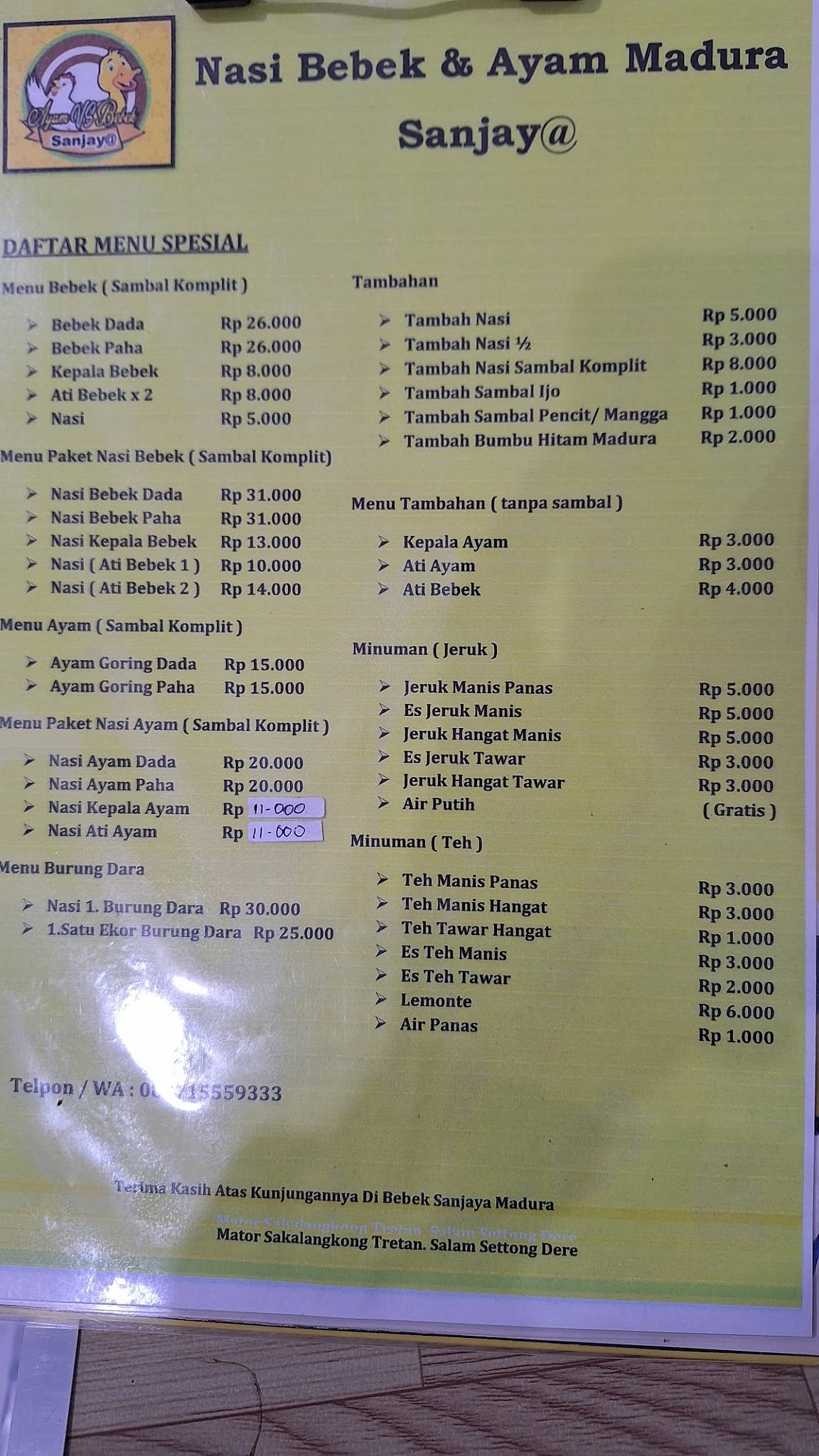 Carta del restaurante Nasi Bebek & Ayam Goreng Sanjaya@69 Khas Madura ...
