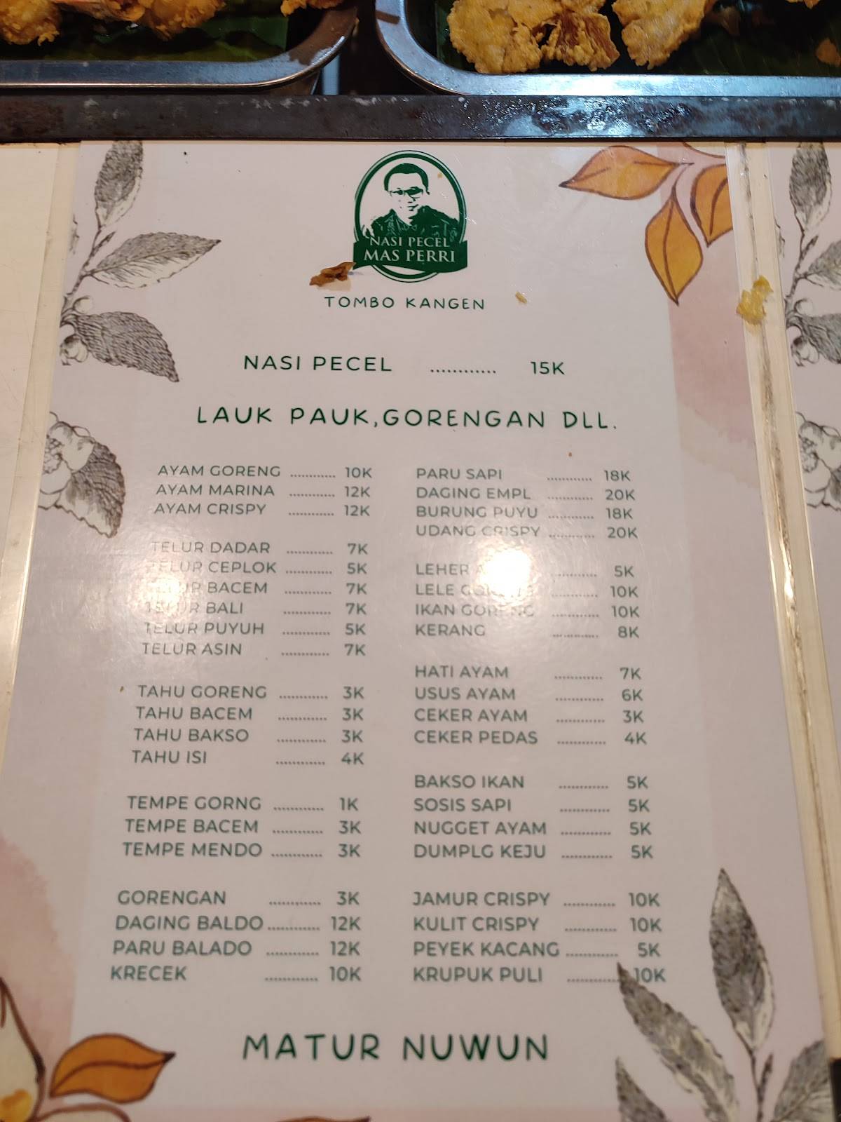 Menu at Nasi pecel mas perri restaurant, Balikpapan