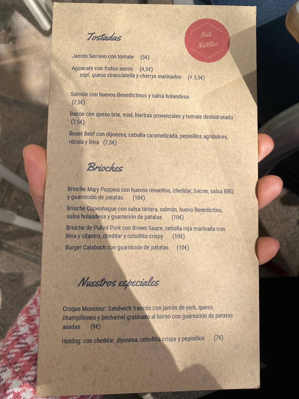 Menu at Nati Natillas Valdespartera cafeteria, Zaragoza