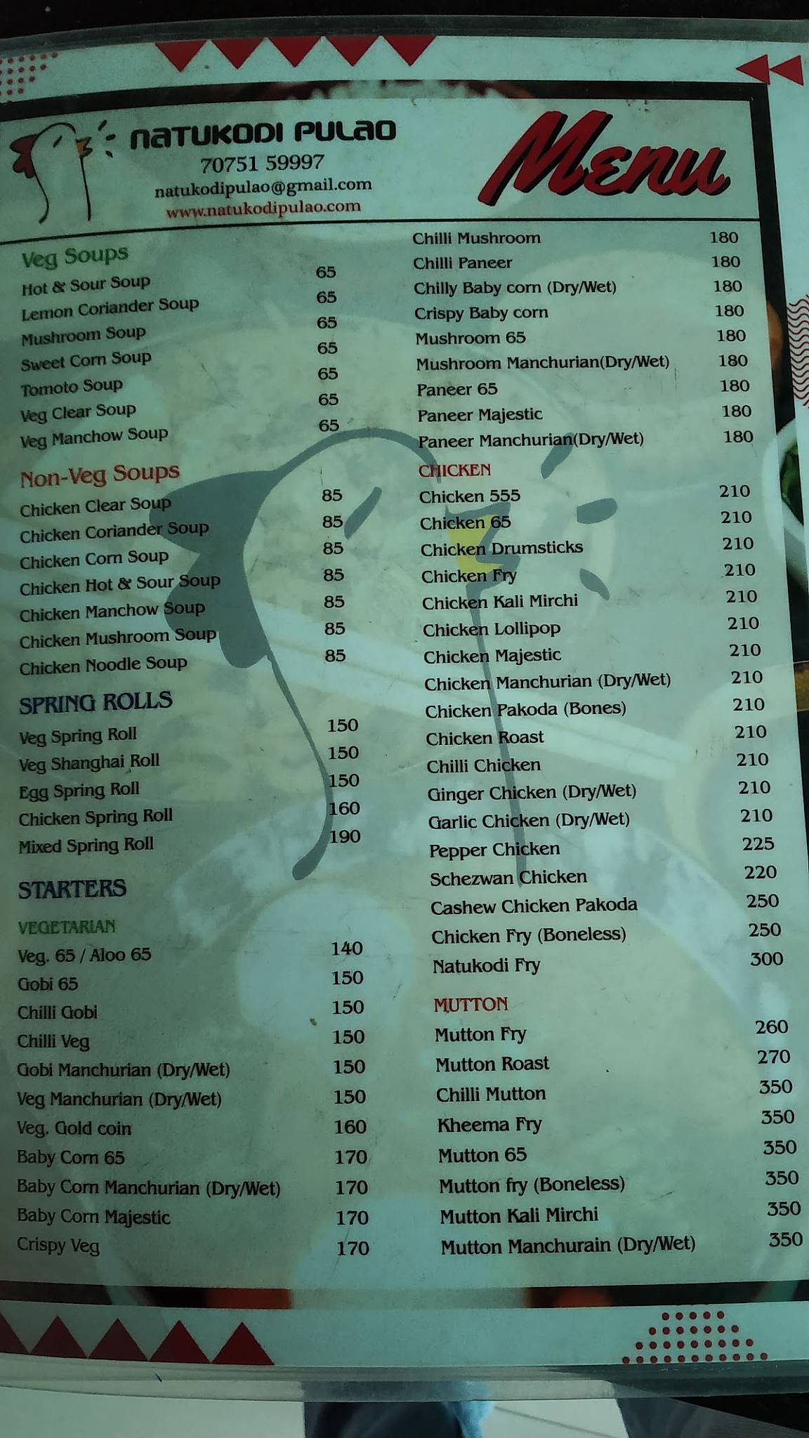 Menu at Natukodi Pulao, India