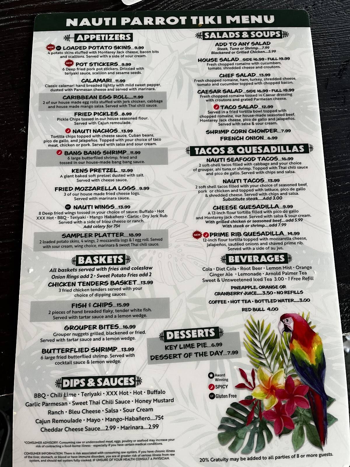 Menu at Nauti Parrot Tiki Hut pub & bar, North Fort Myers