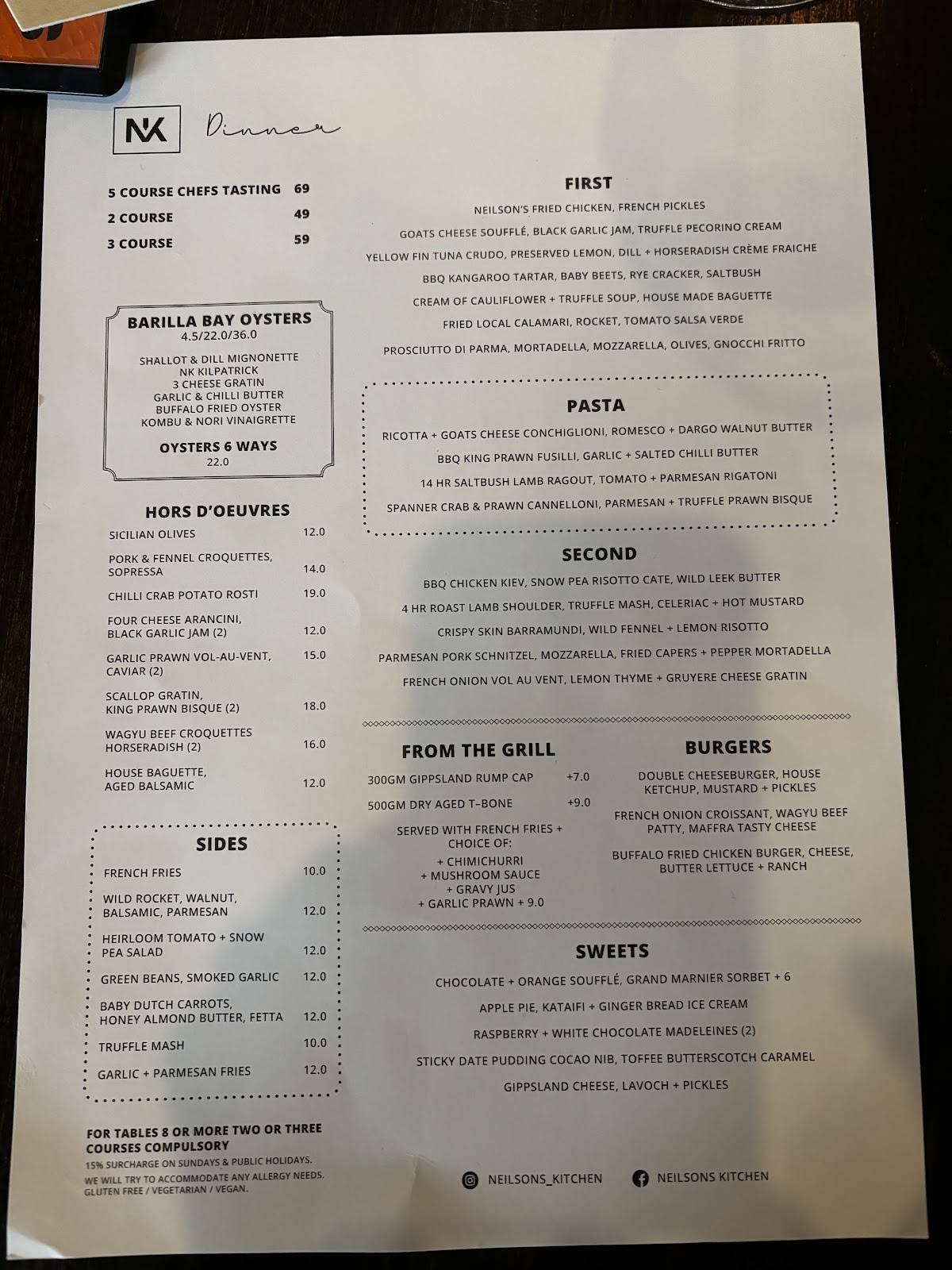 Menu at Neilsons Kitchen restaurant, Traralgon