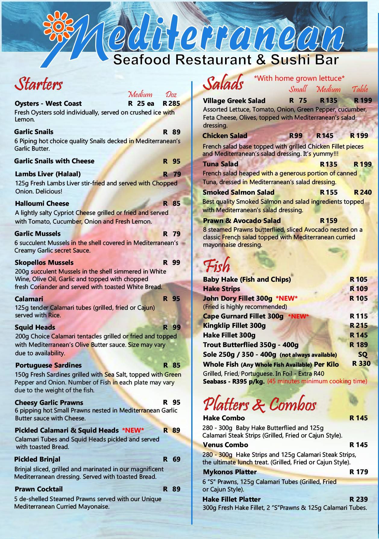 Menu at Mediterranean restaurant, Nelspruit, Riverside Mall