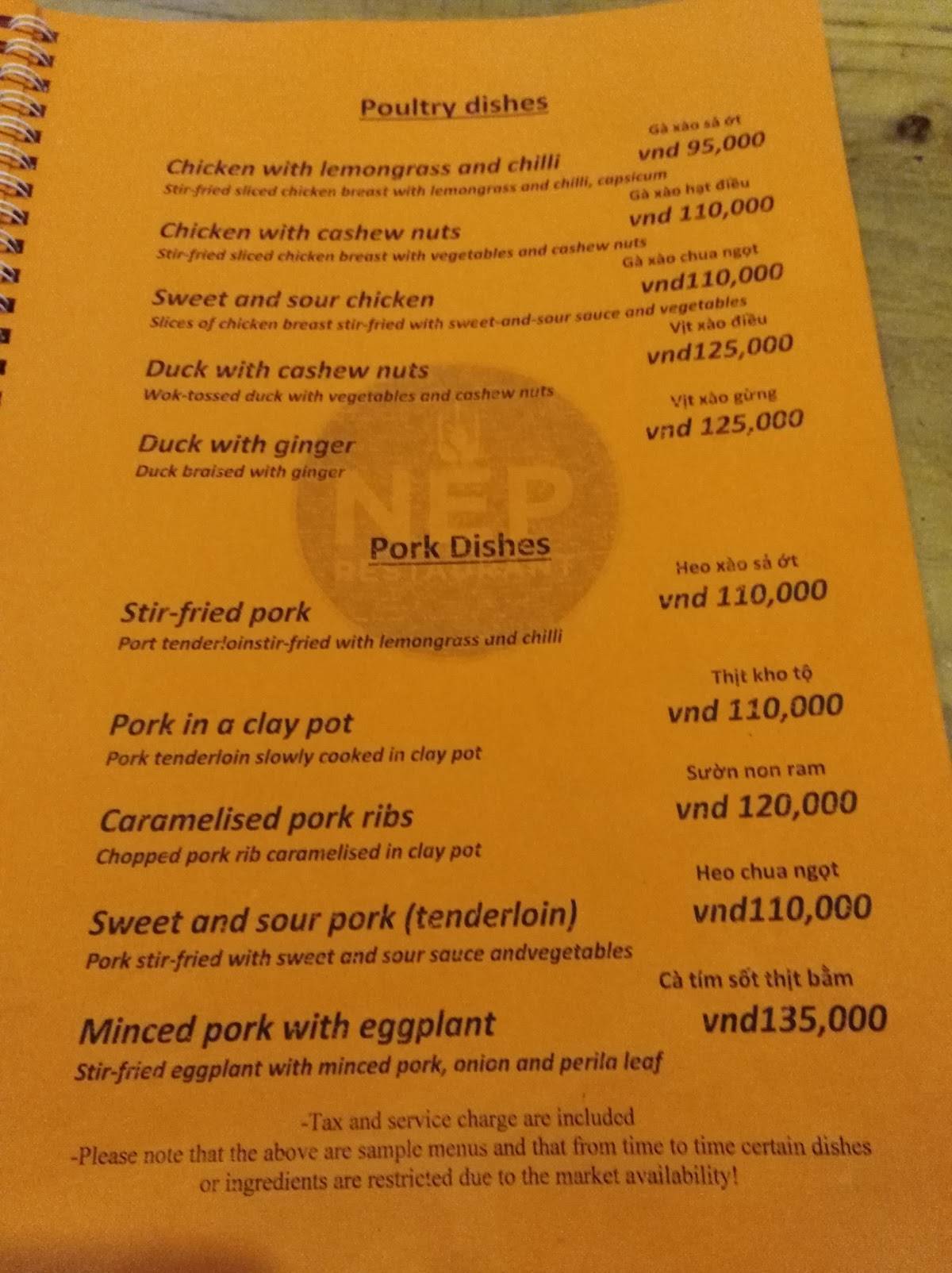 Menu at Nep restaurant, Ho Chi Minh City, 141 Đ. Nguyễn Trãi
