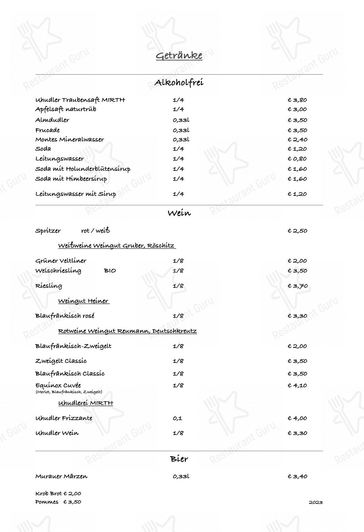 Carta de Heurigen-Restaurant Zua Oidn Hex, Neufeld an der Leitha