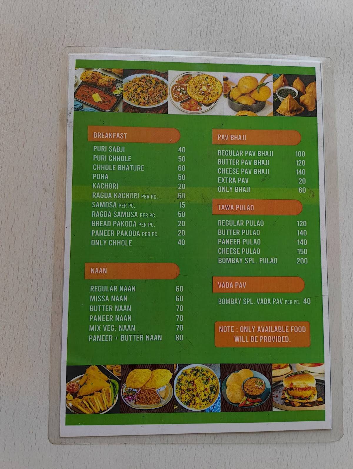 Menu at New Bombay Pav Bhaji Center & Fast Food, Khanna