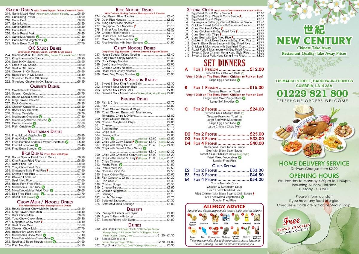 Menu at New Century fast food, Barrow-in-Furness