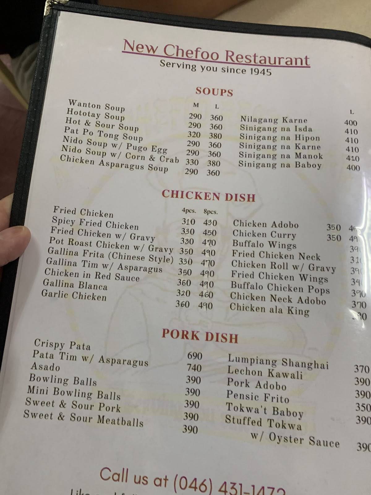 Menu at New Chefoo Restaurant, Cavite City, 945 P. Burgos Ave