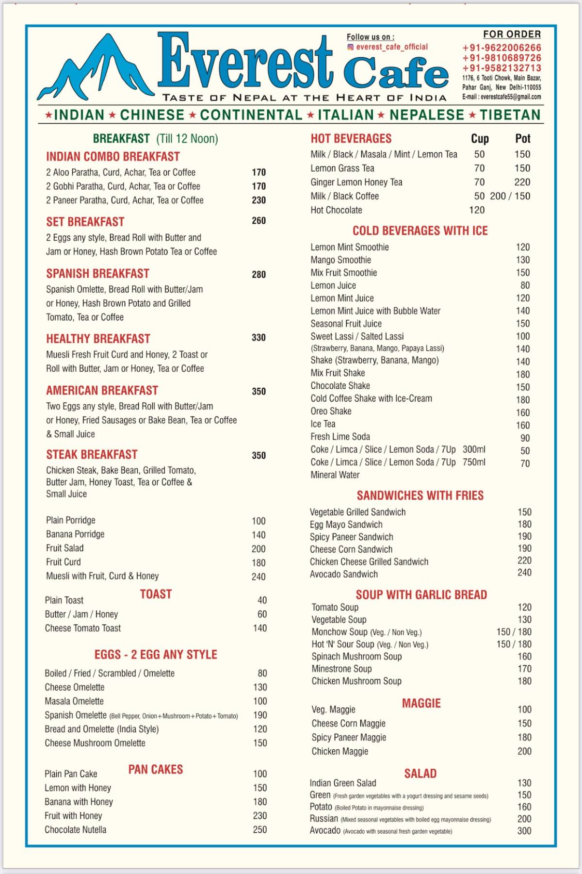 Menu at Everest Rooftop Cafe & Restaurant, New Delhi