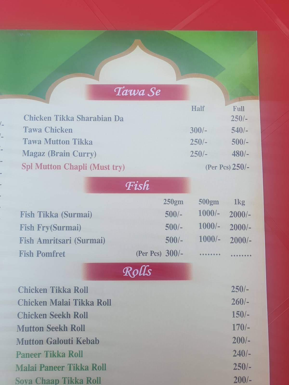 Menu at Mutton qureshi, New Delhi