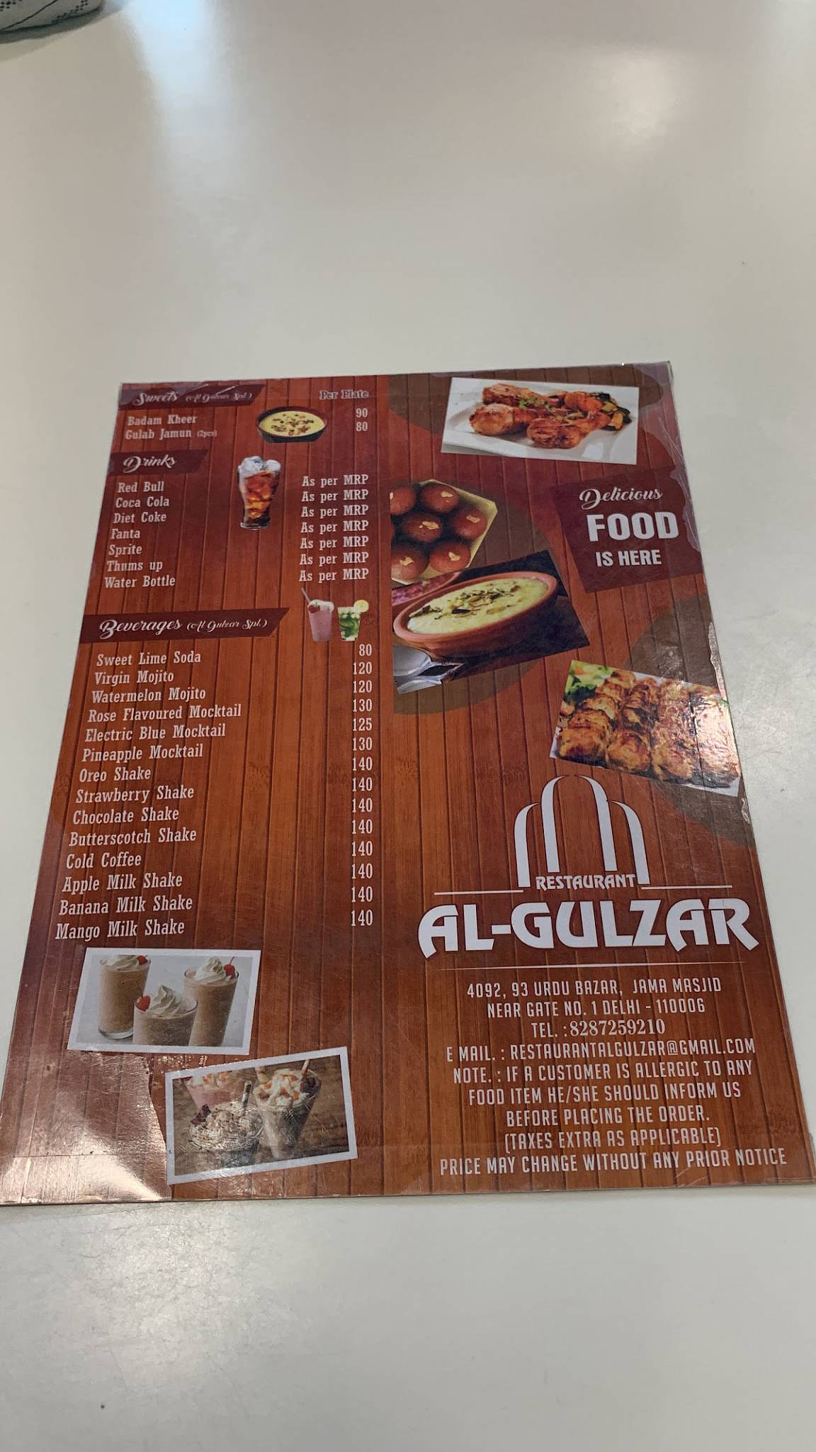 Menu at Qureshi kabab corner, New Delhi