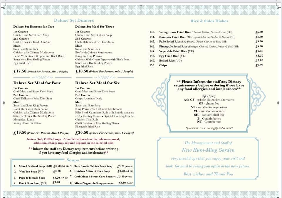 Menu at New Hum-Ming Garden restaurant, Hereford