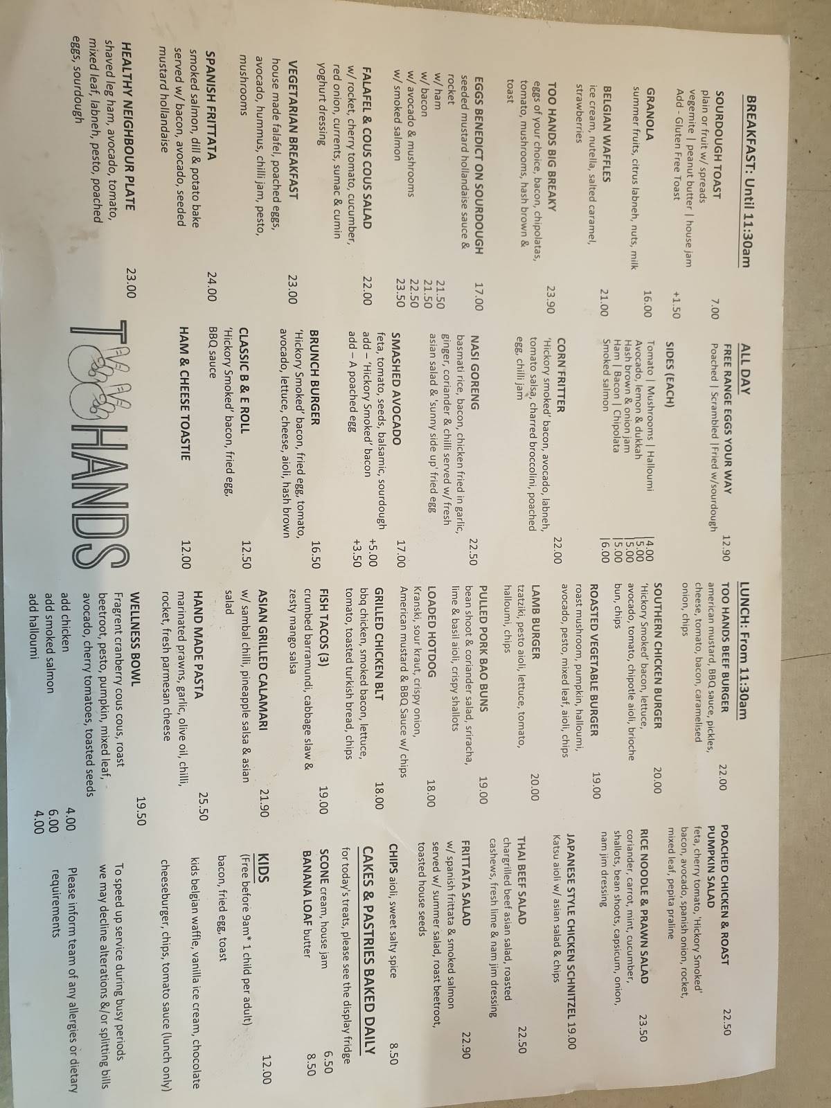Menu at Too Hands restaurant, New Lambton