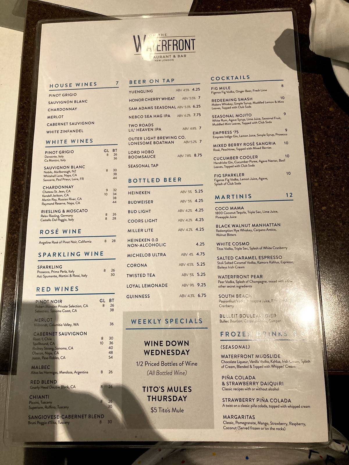 Menu at On The Waterfront Restaurant, New London