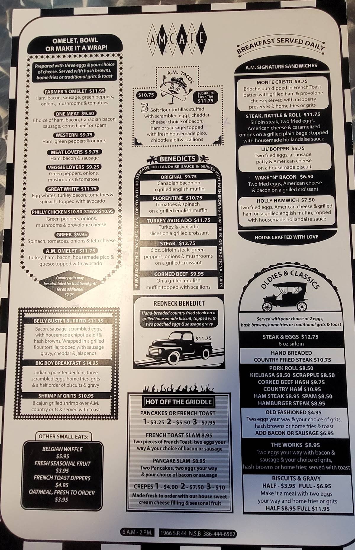 Menu at A.M. Cafe, New Smyrna Beach