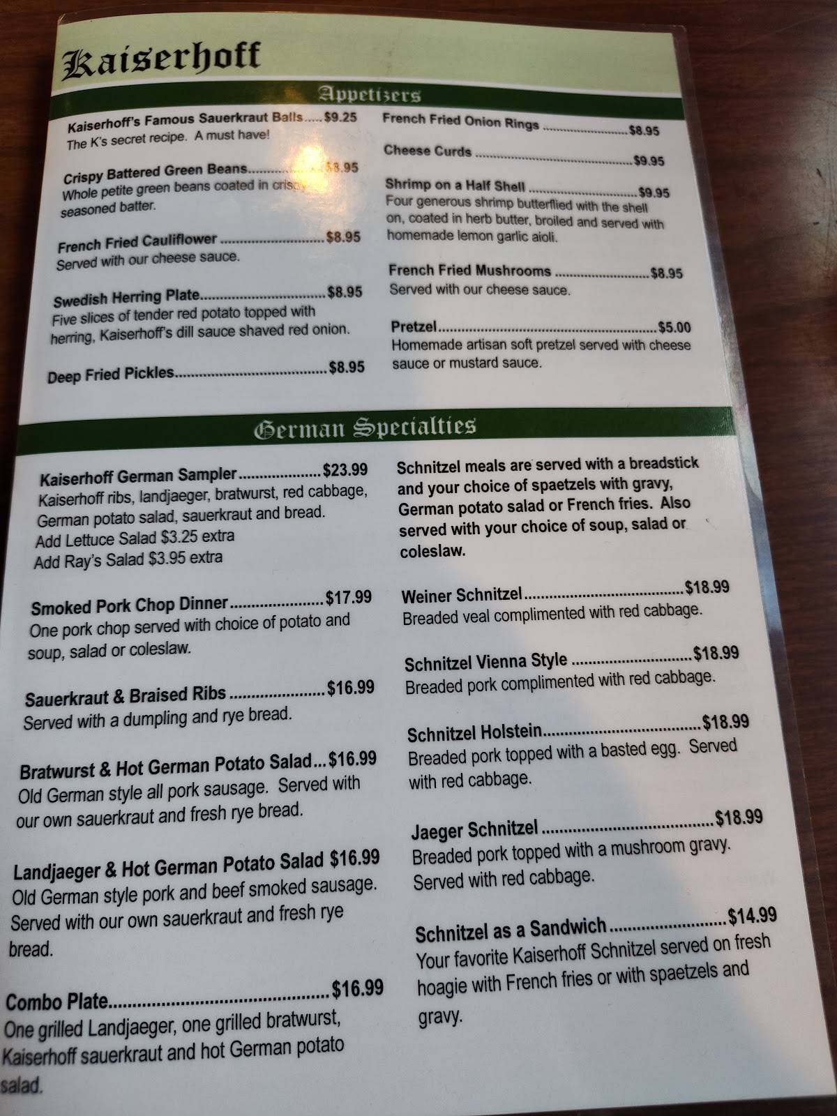 Menu at Kaiserhoff New Ulm restaurant, New Ulm