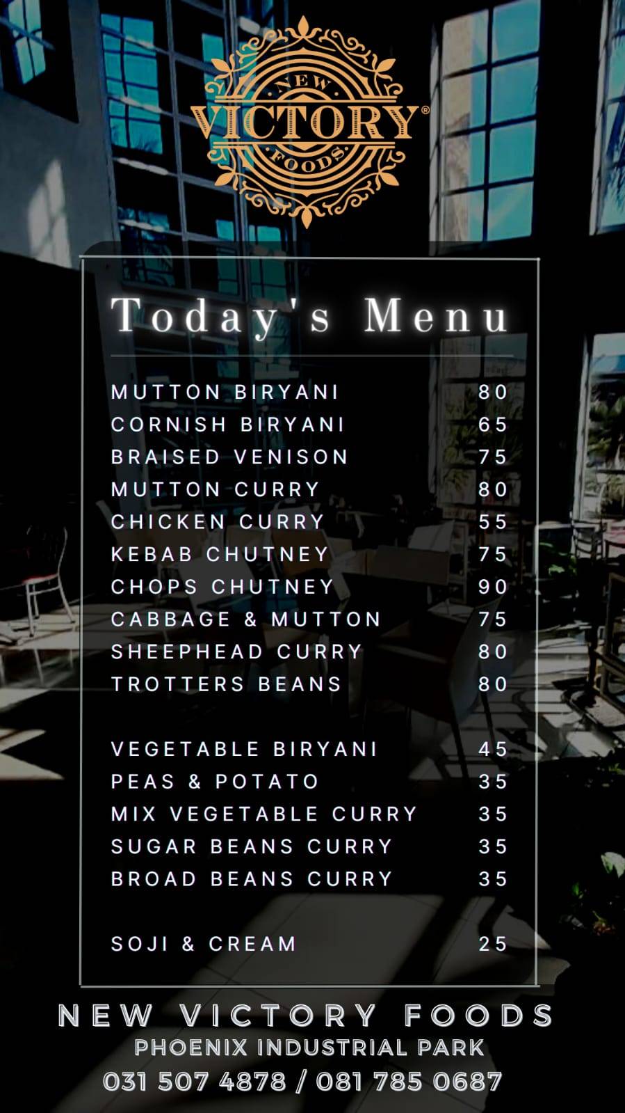Menu at New Victory Foods restaurant, Durban North, Shop No. 1