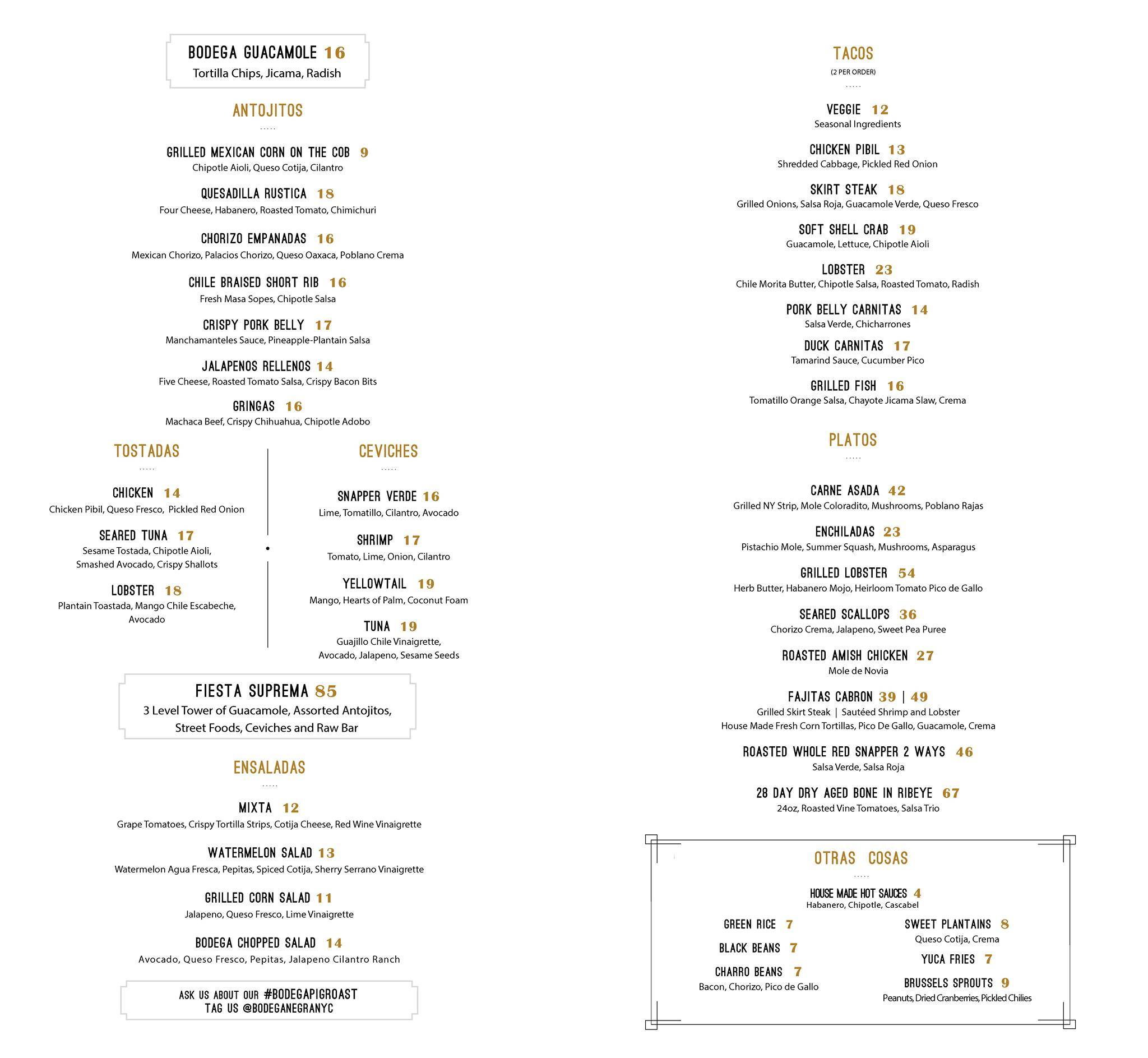 Menu at Bodega Negra restaurant, New York City