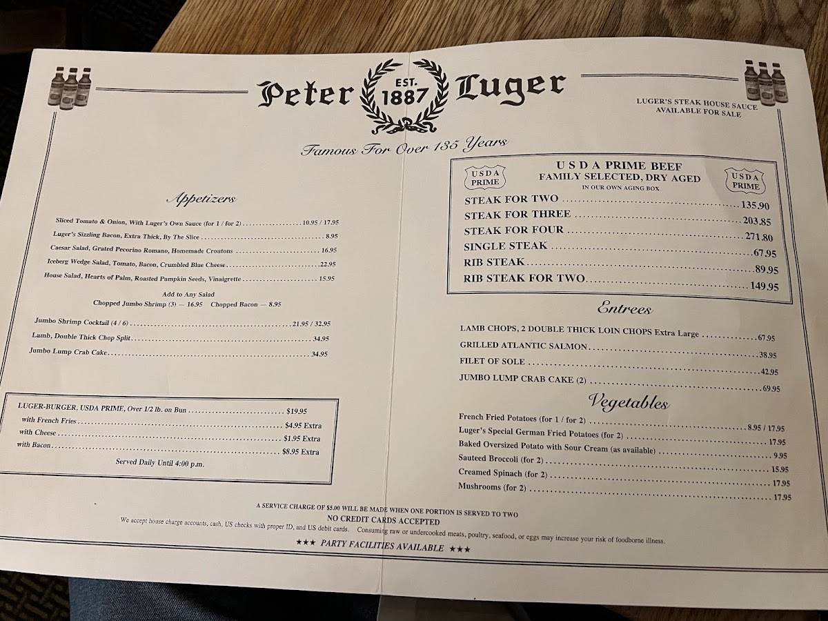 Menu at Peter Luger Steak House steakhouse, New York City, 178 Broadway