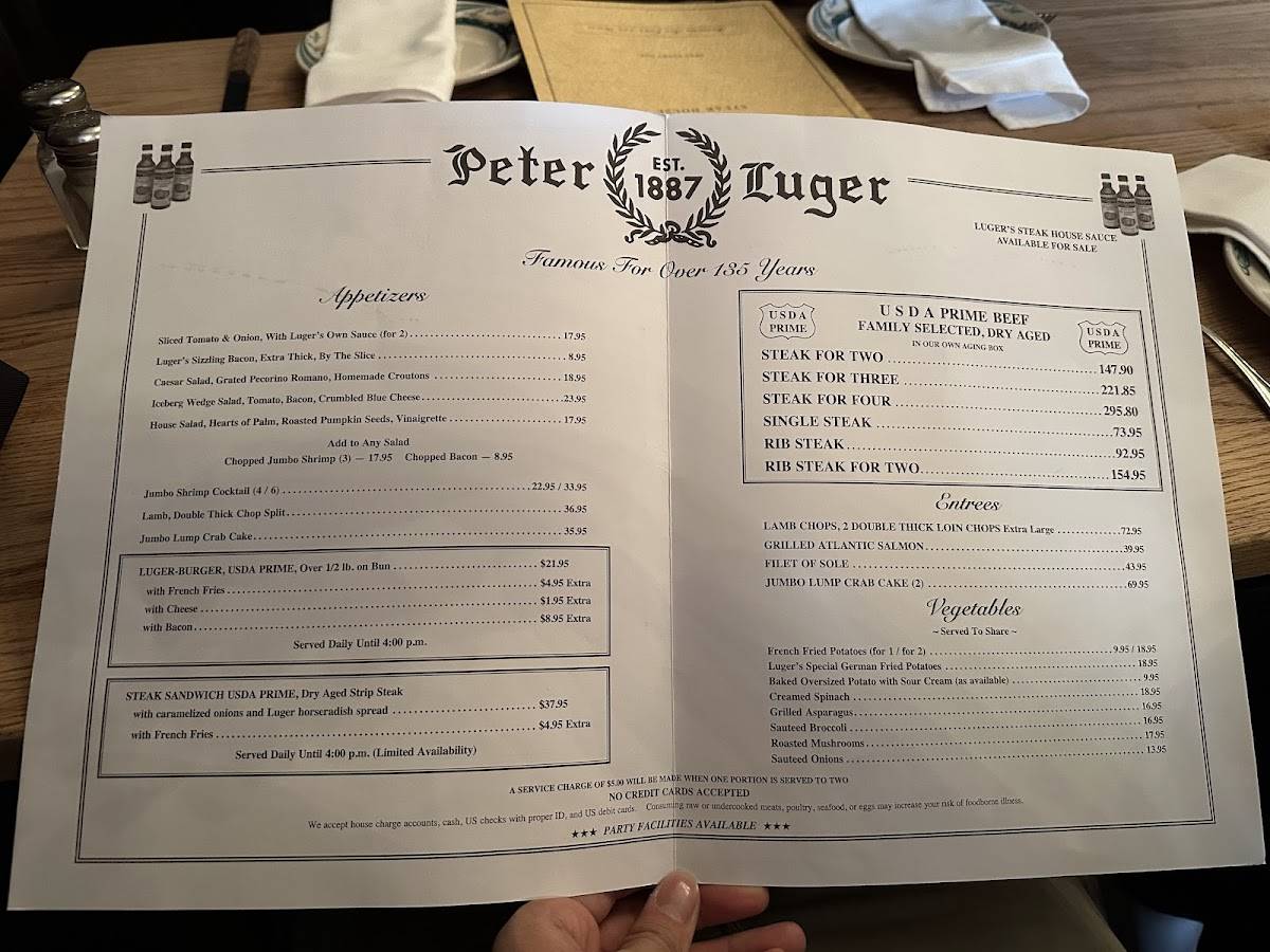 Menu at Peter Luger Steak House steakhouse, New York City, 178 Broadway