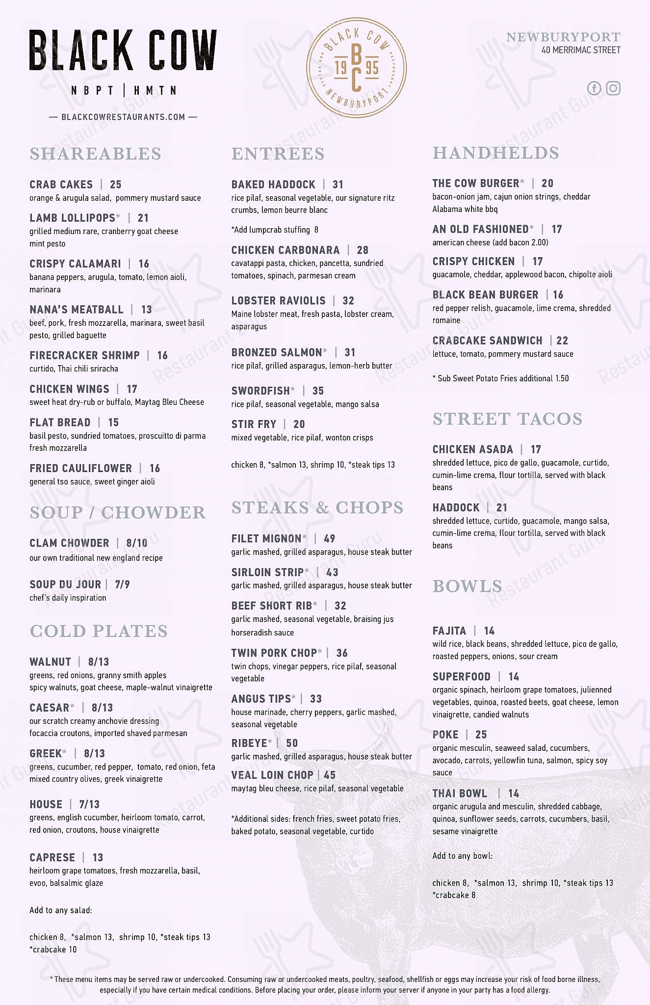 Menu at Black Cow restaurant, Newburyport