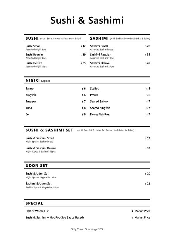 Menu at Yuzu Sushi restaurant, Newington