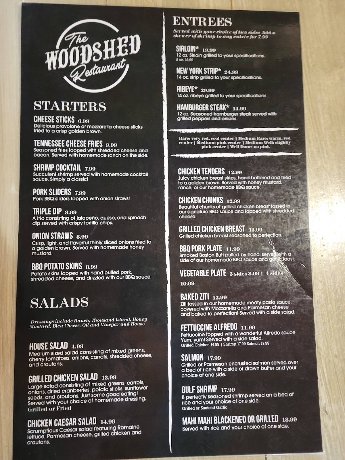Menu at The Woodshed Restaurant, Newport, Cosby Hwy