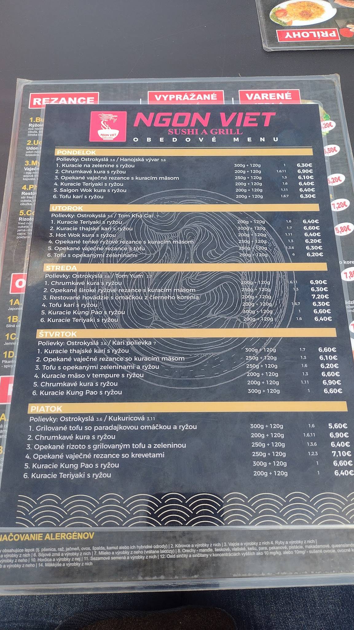 Menu at Ngon Viet restaurant, Košice