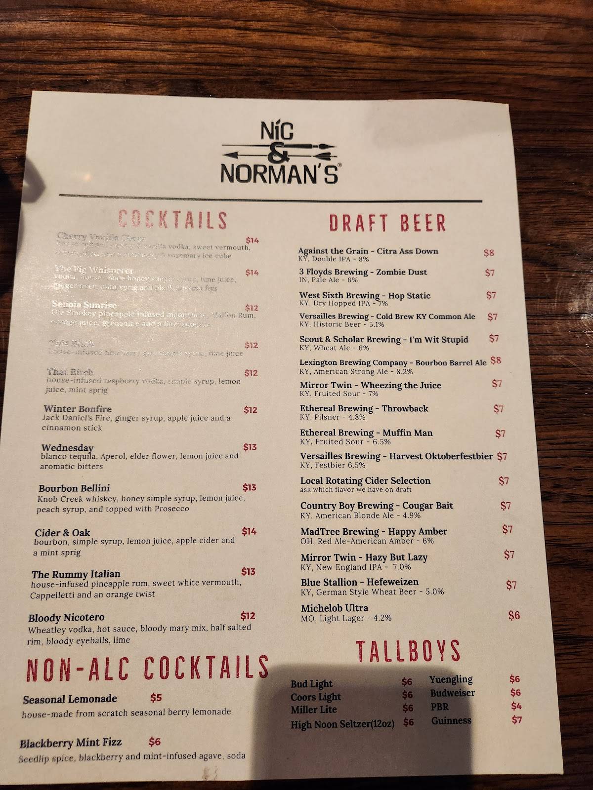 Menu at Nic & Norman's Lexington pub & bar, Lexington