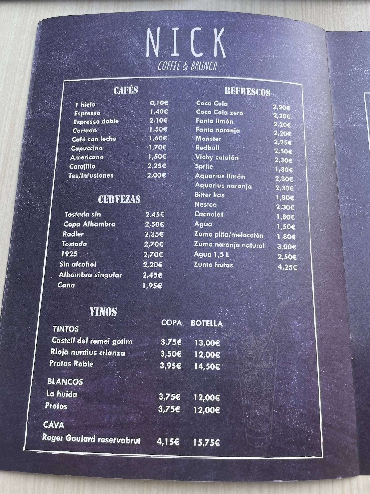 Menu at Nick Coffee & Brunch restaurant, Barcelona