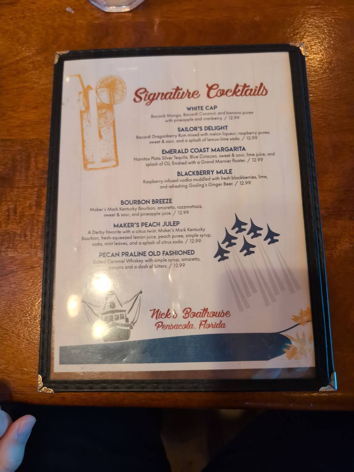 Menu at Nick's Boathouse restaurant, Pensacola