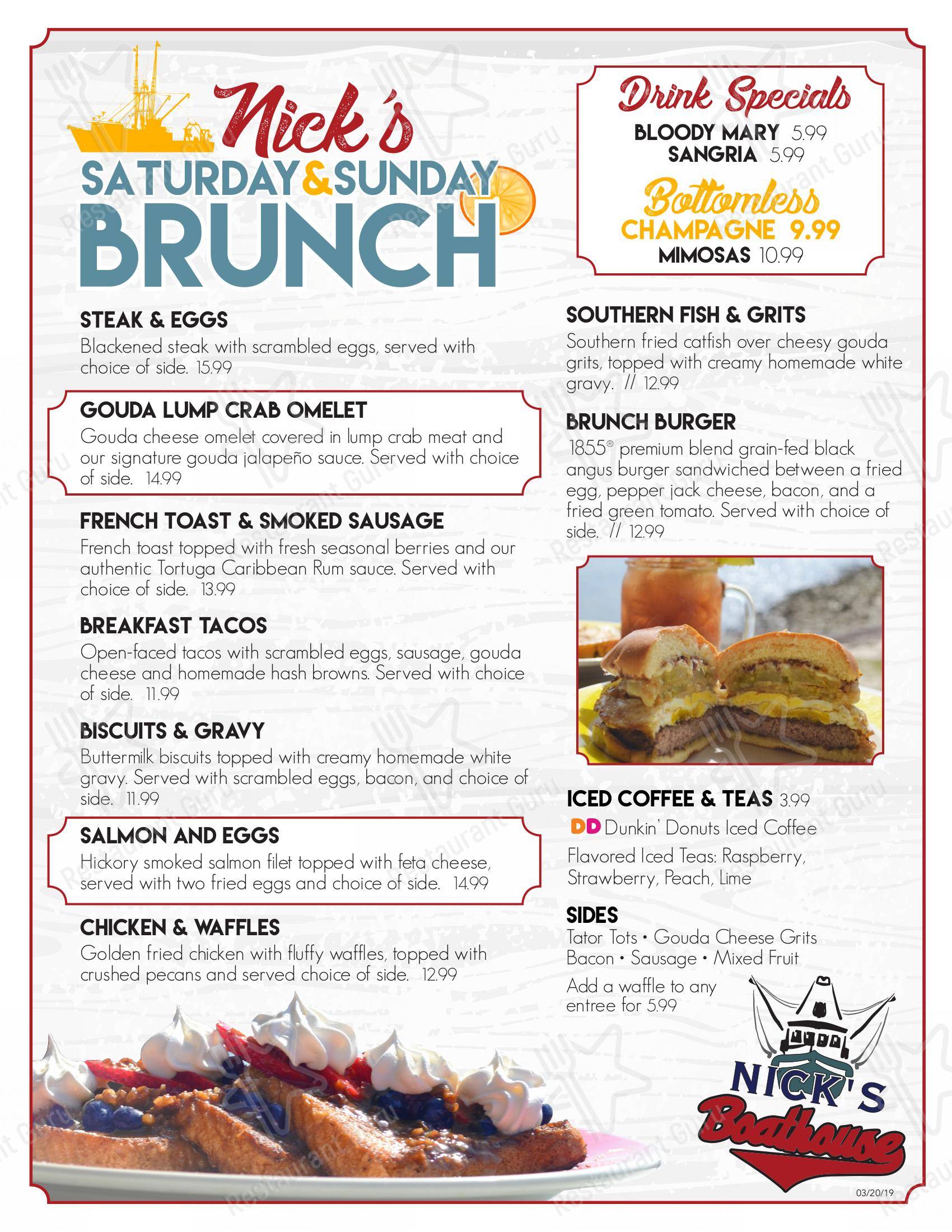 Menu at Nick's Boathouse restaurant, Pensacola