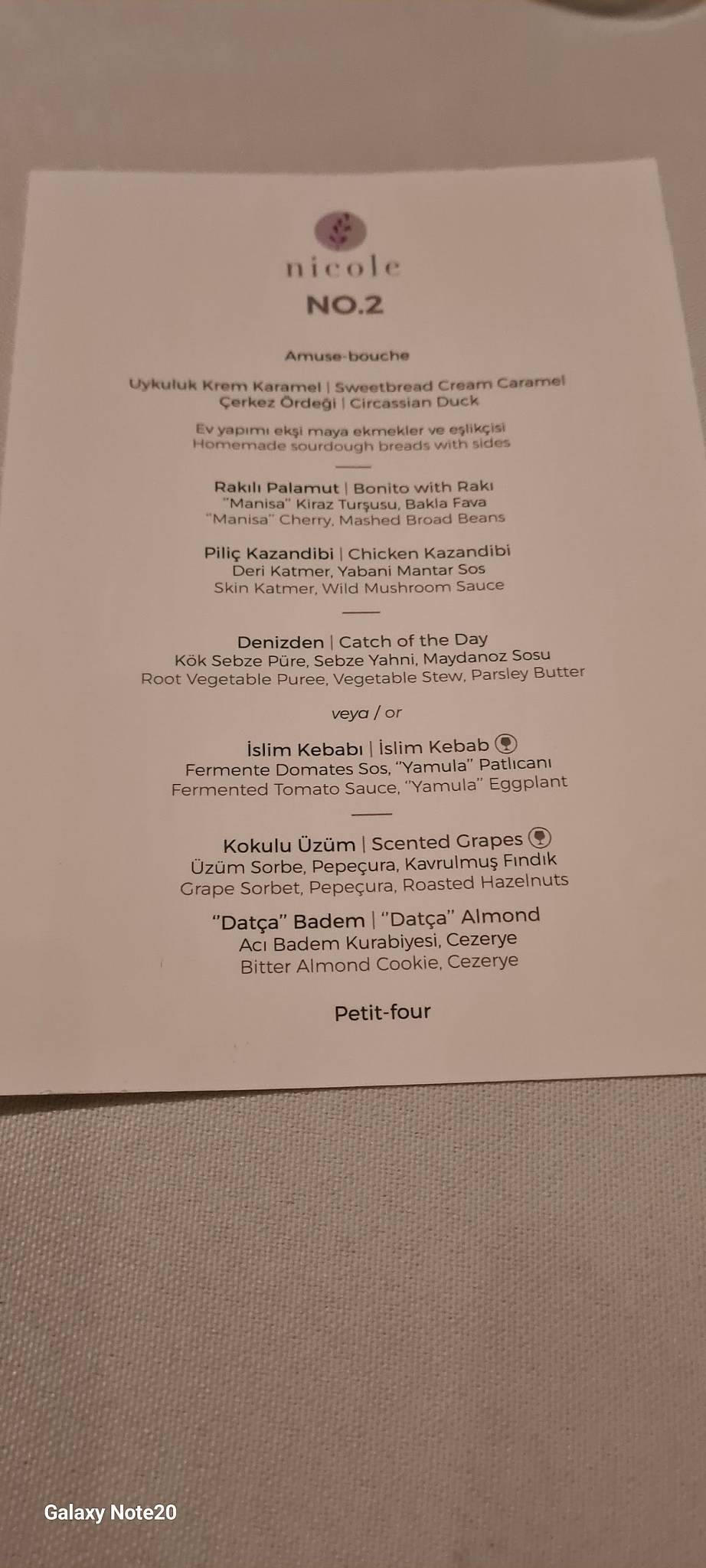 Menu at Nicole, Istanbul, Tomtom Kaptan Sk. No:18