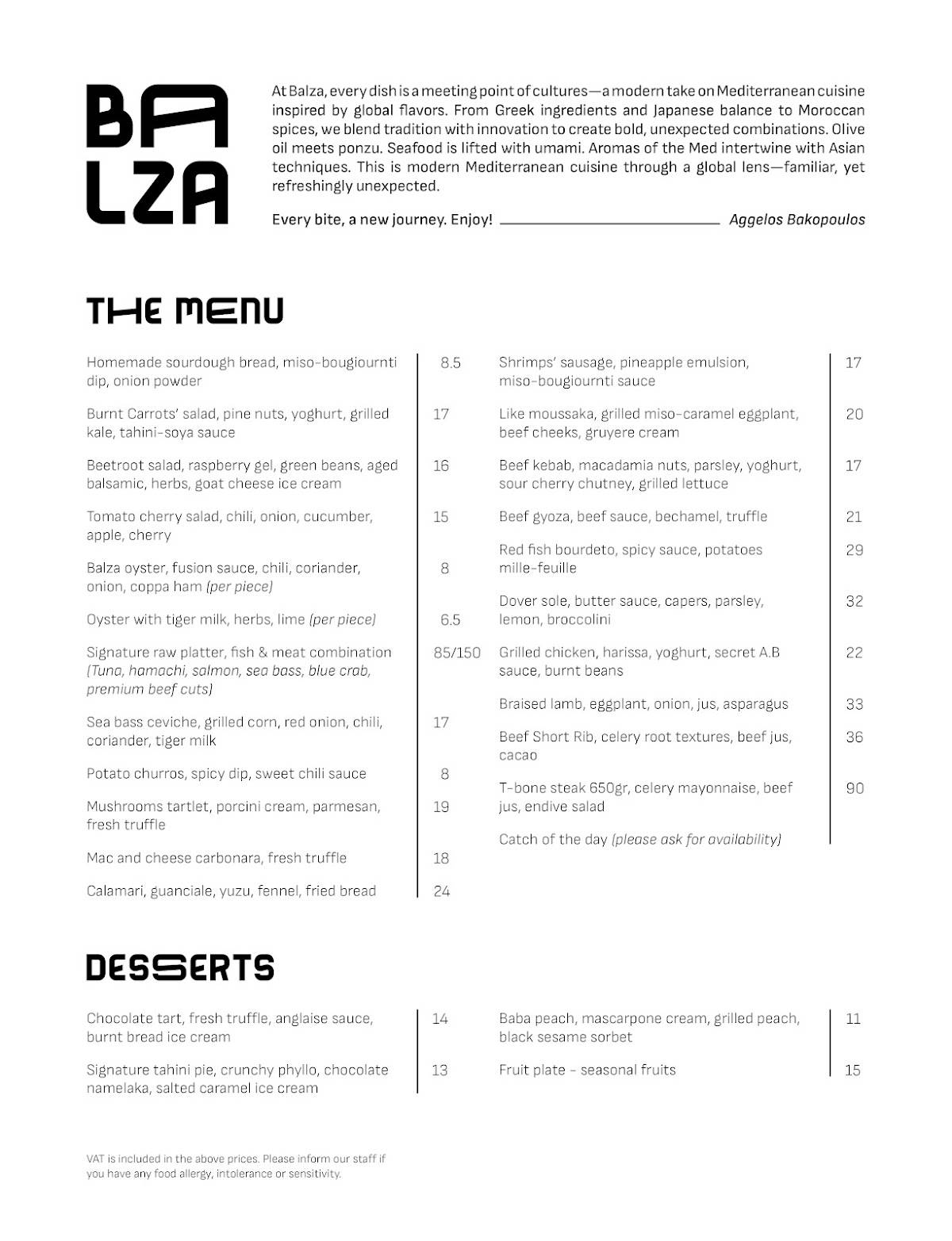 Menu at Balza, Nicosia